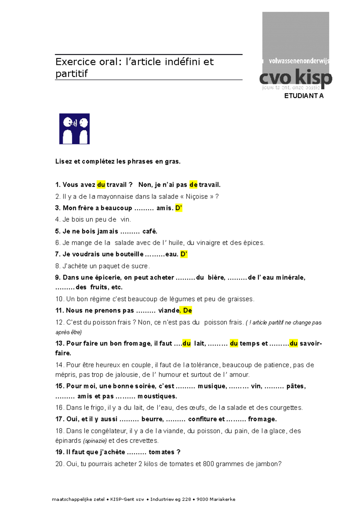 004 Article indéf + partitif exercices A B - Exercice oral: et partitif ...