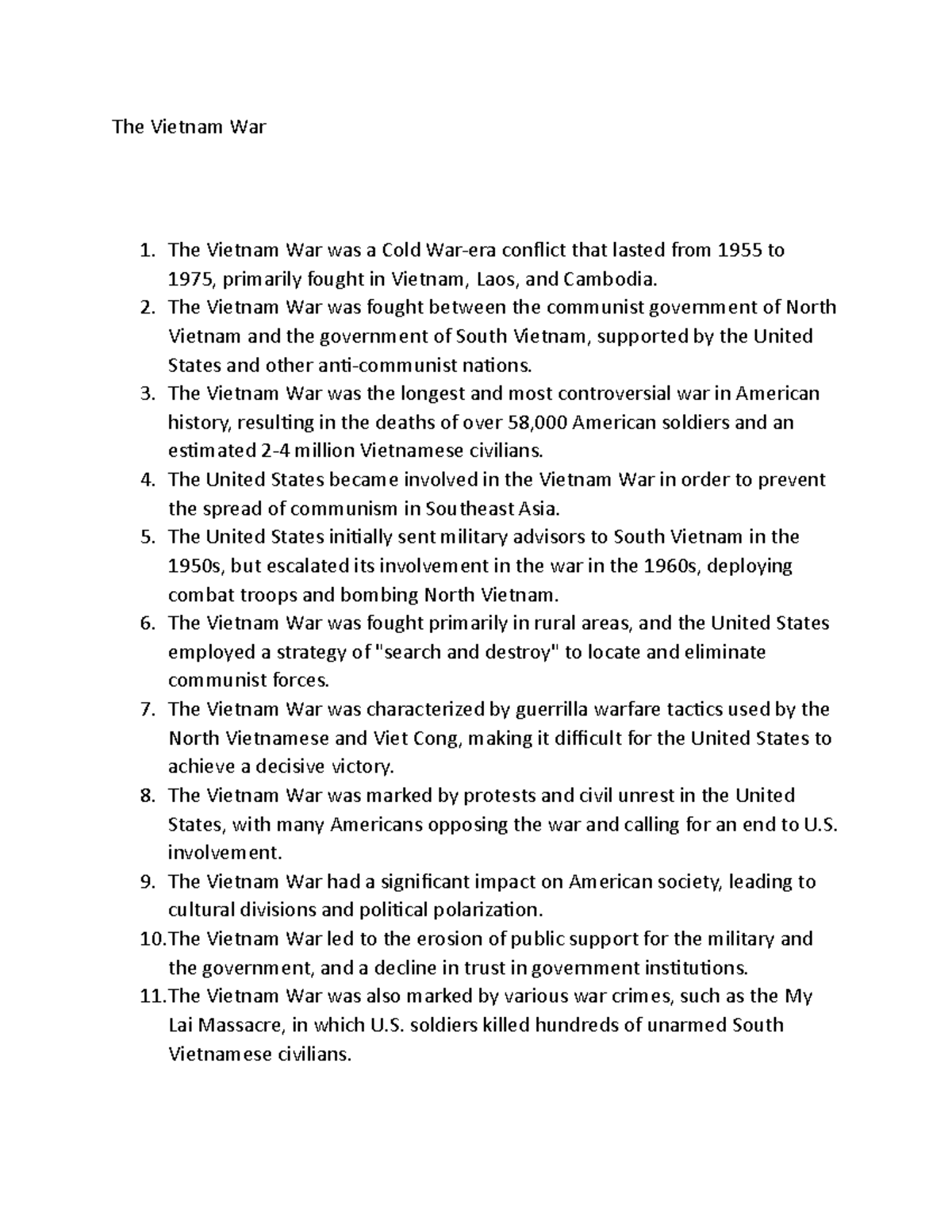 The Vietnam War notes - The Vietnam War The Vietnam War was a Cold War ...