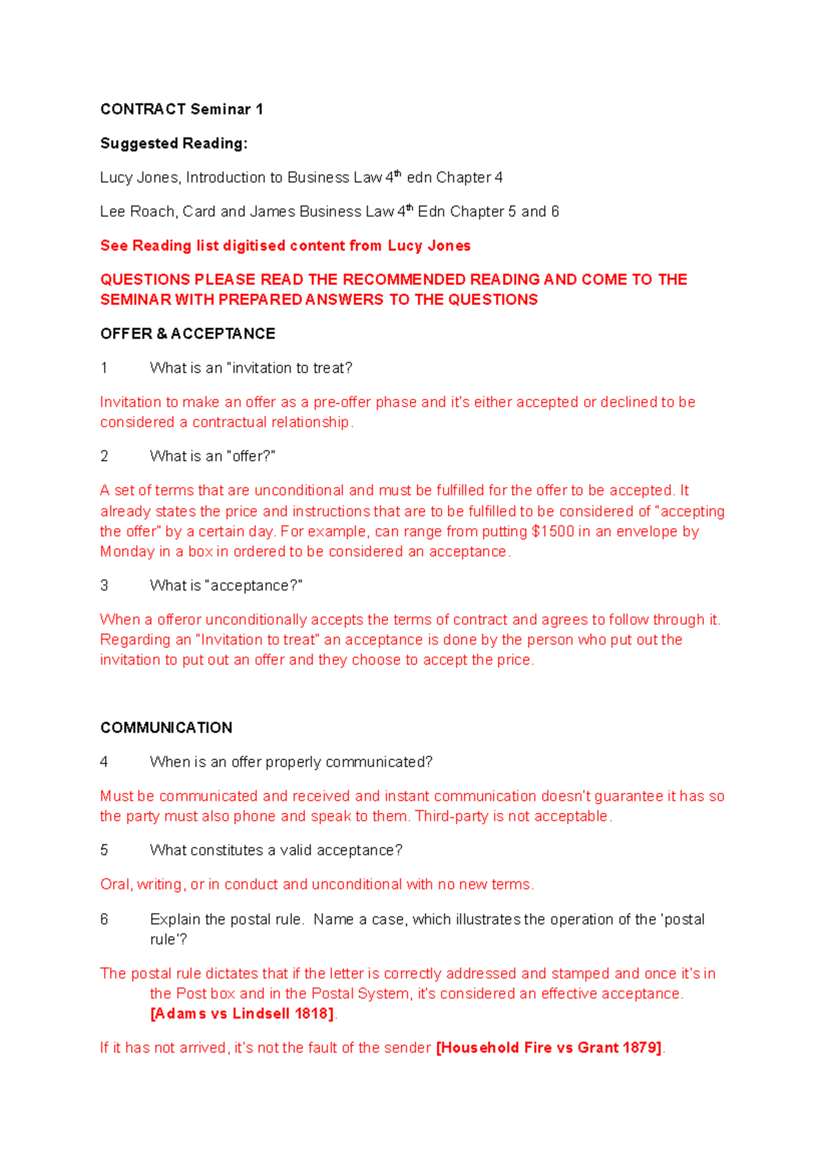 Contract Law - Seminar 4 - CONTRACT Seminar 1 Suggested Reading: Lucy ...