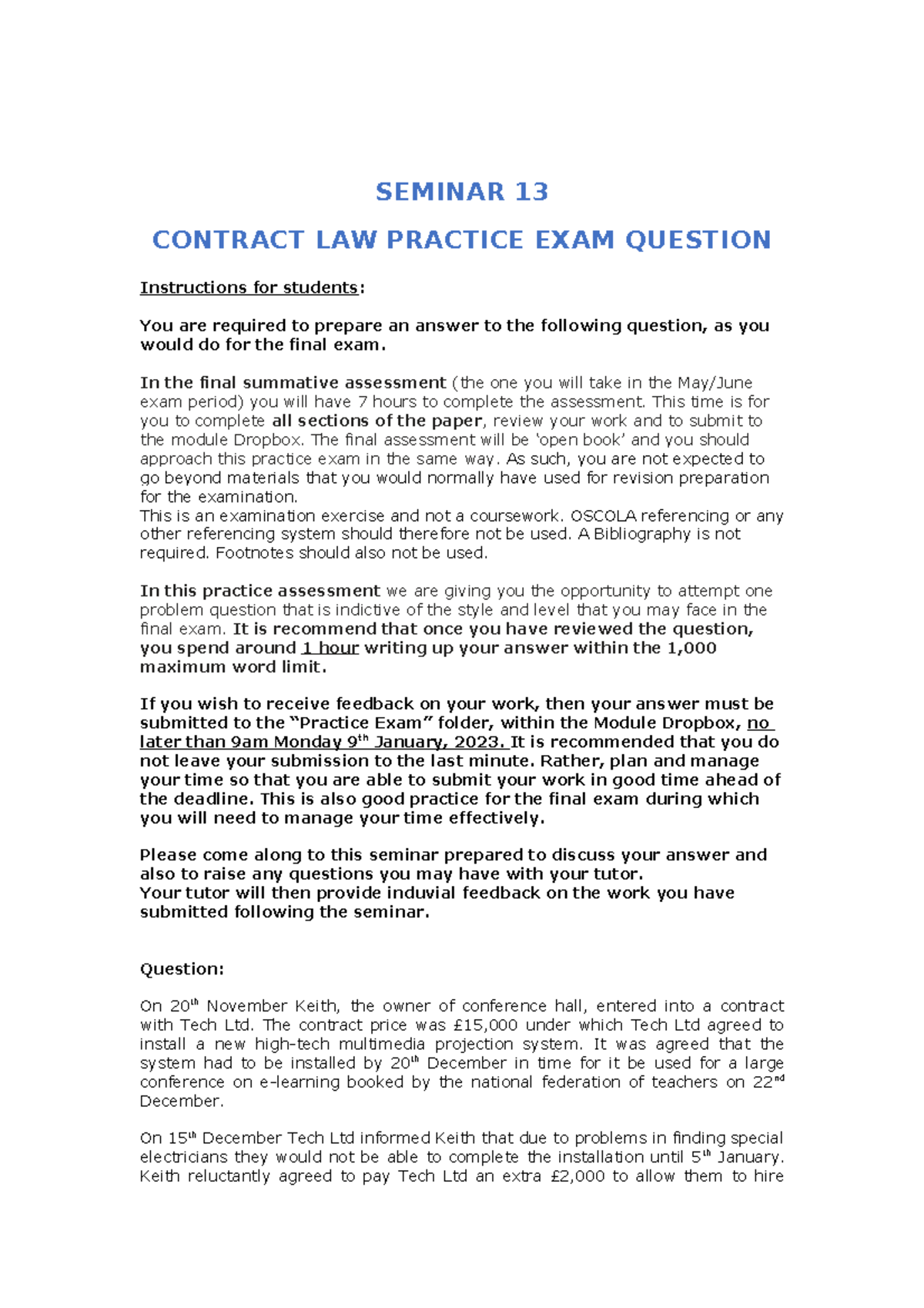 Seminar 13 - Practice Exam Exercise - SEMINAR 13 CONTRACT LAW PRACTICE ...