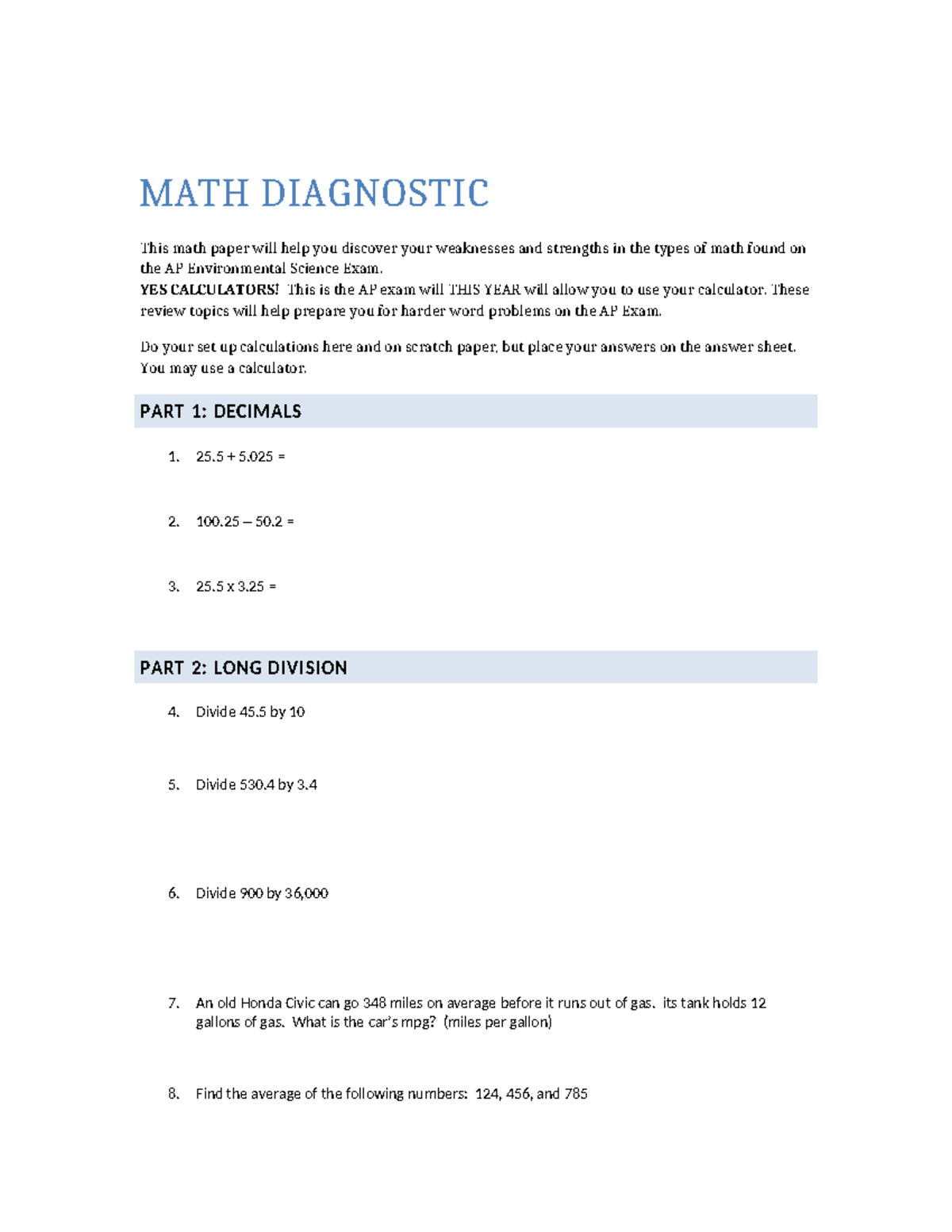 Apes math - stoichiometry practice - MATH DIAGNOSTIC This math paper ...