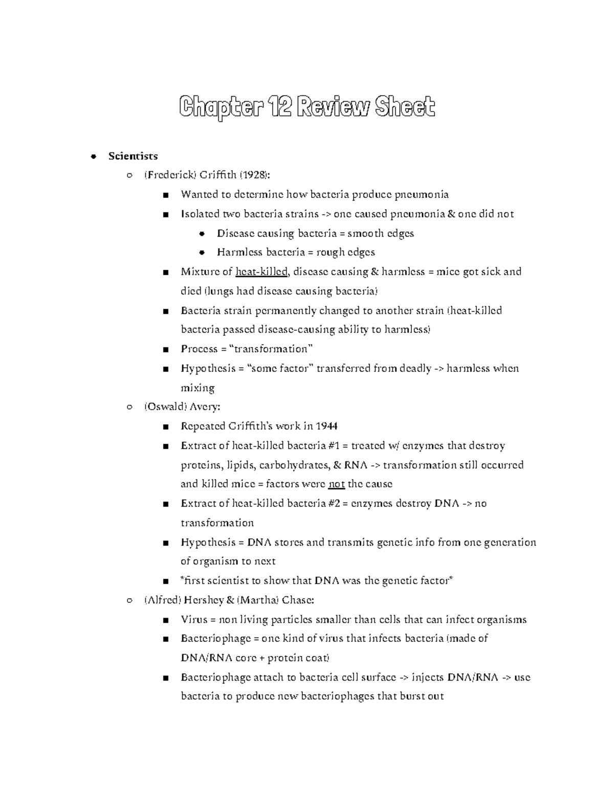Bio Ch 12 Review - Chapter 12 Review Sheet Scientists (Frederick ...