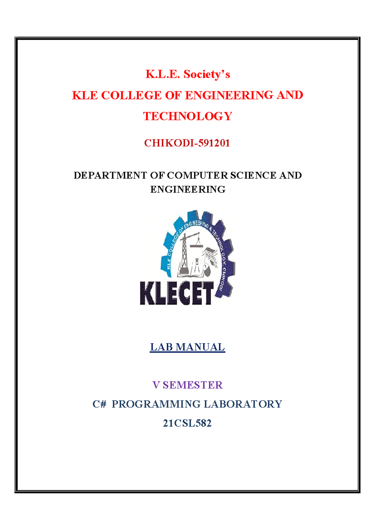 C# Manual - KLE COLLEGE OF ENGINEERING AND DEPARTMENT OF COMPUTER ...