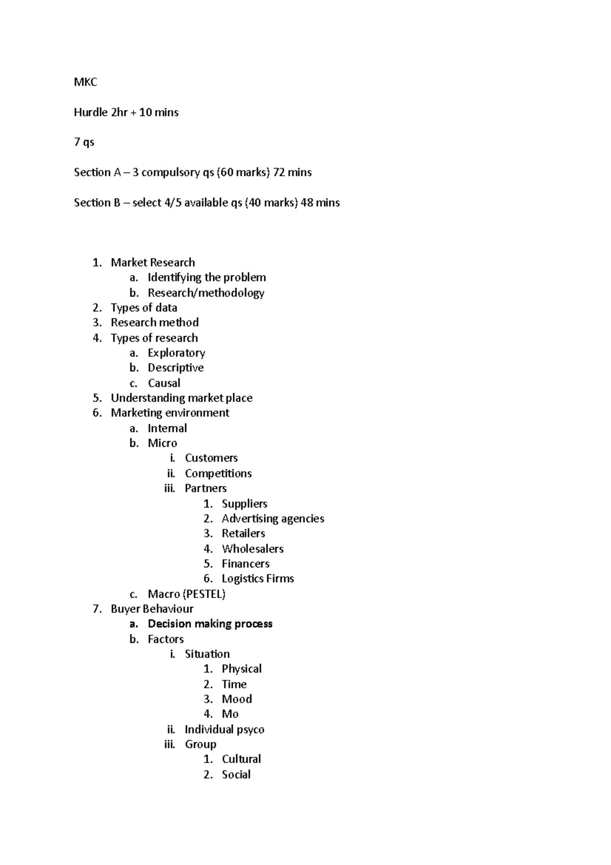 MKC Exam Outline - MKC Hurdle 2hr + 10 mins 7 qs Section A – 3 ...