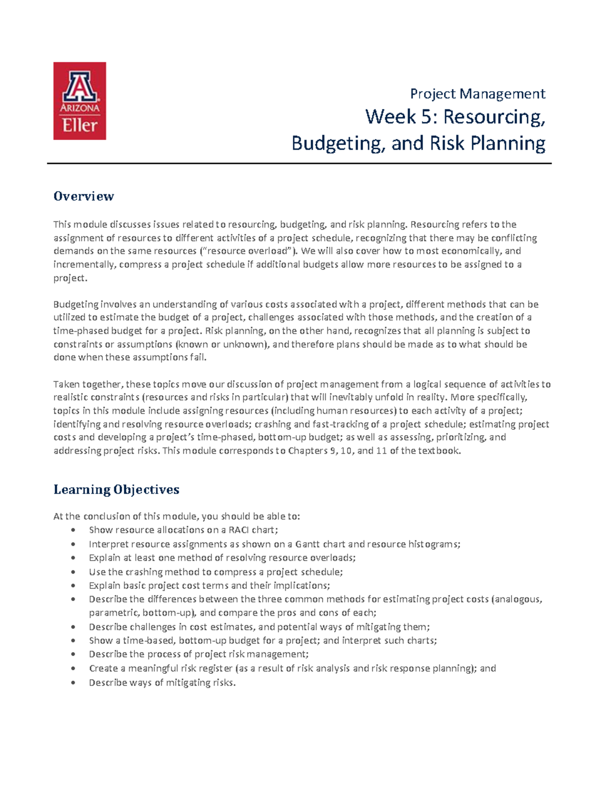 UG MIS 478 Week 5 Overview - Project Management Week 5: Resourcing ...