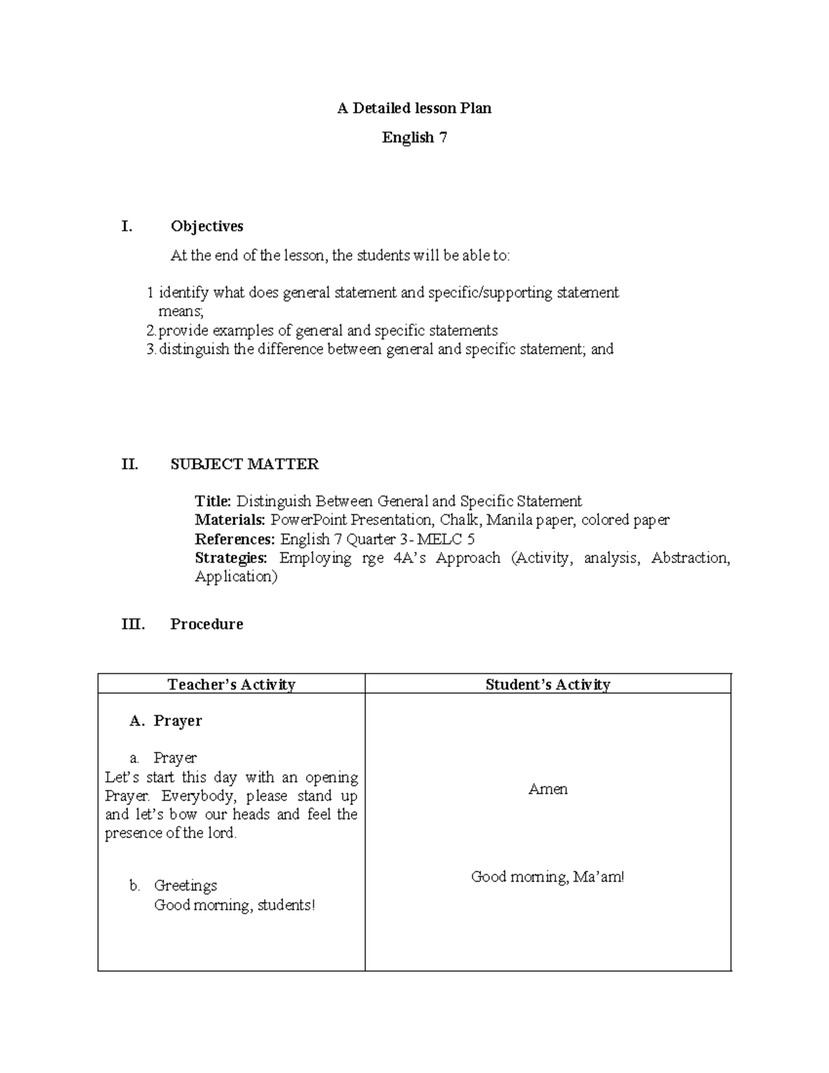 JOY-LP - lesson plan - A Detailed lesson Plan English 7 I. Objectives ...