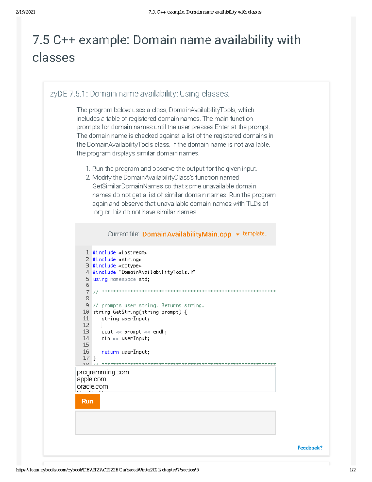 7.5. C++ example Domain name availability with classes - 2/19/2021 7. C ...