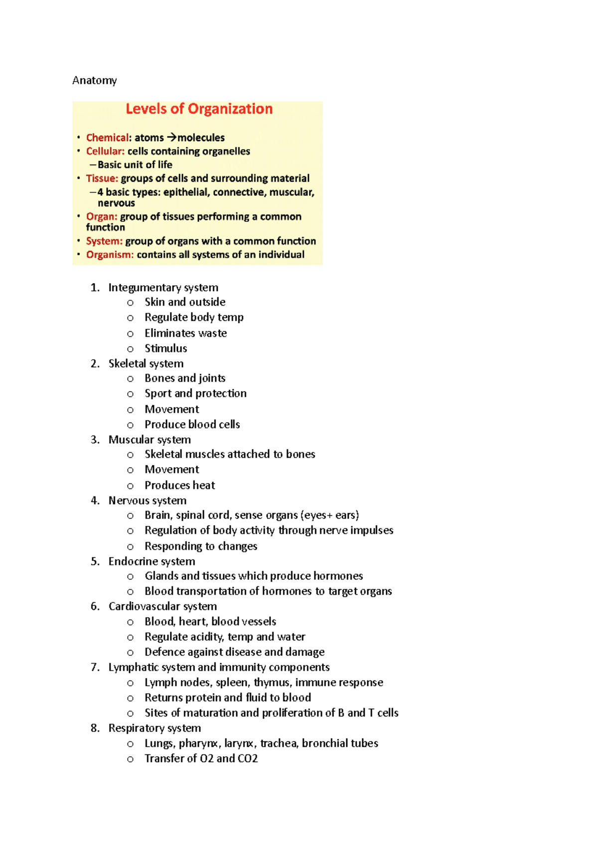 Anatomy - lecture revision notes - Anatomy Integumentary system o Skin ...