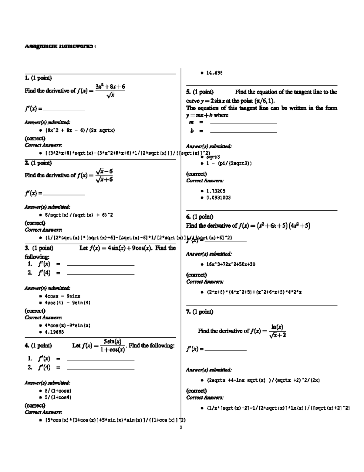 Maths HW 5 - Assignment 5 CALC 1 - Assignment Homeworks 14 1. (1 point ...