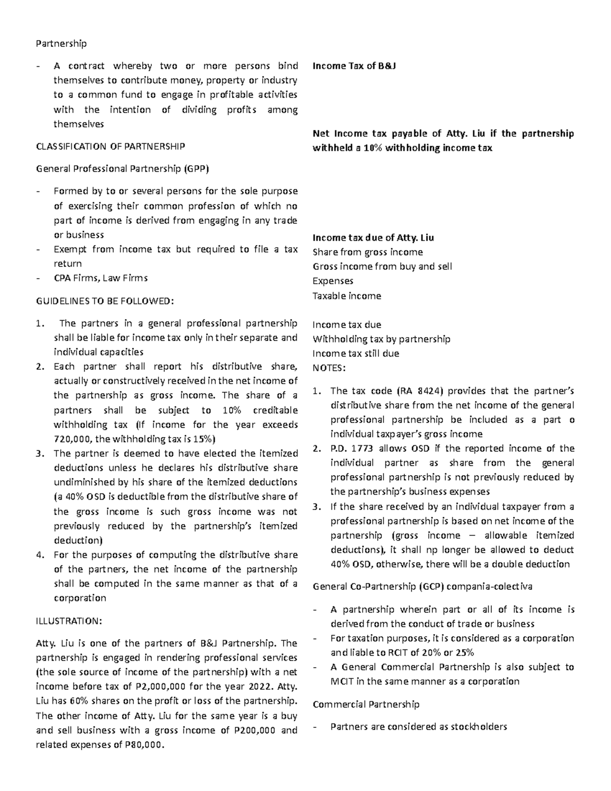 TAX 7 - mmmmm - Partnership A contract whereby two or more persons bind ...