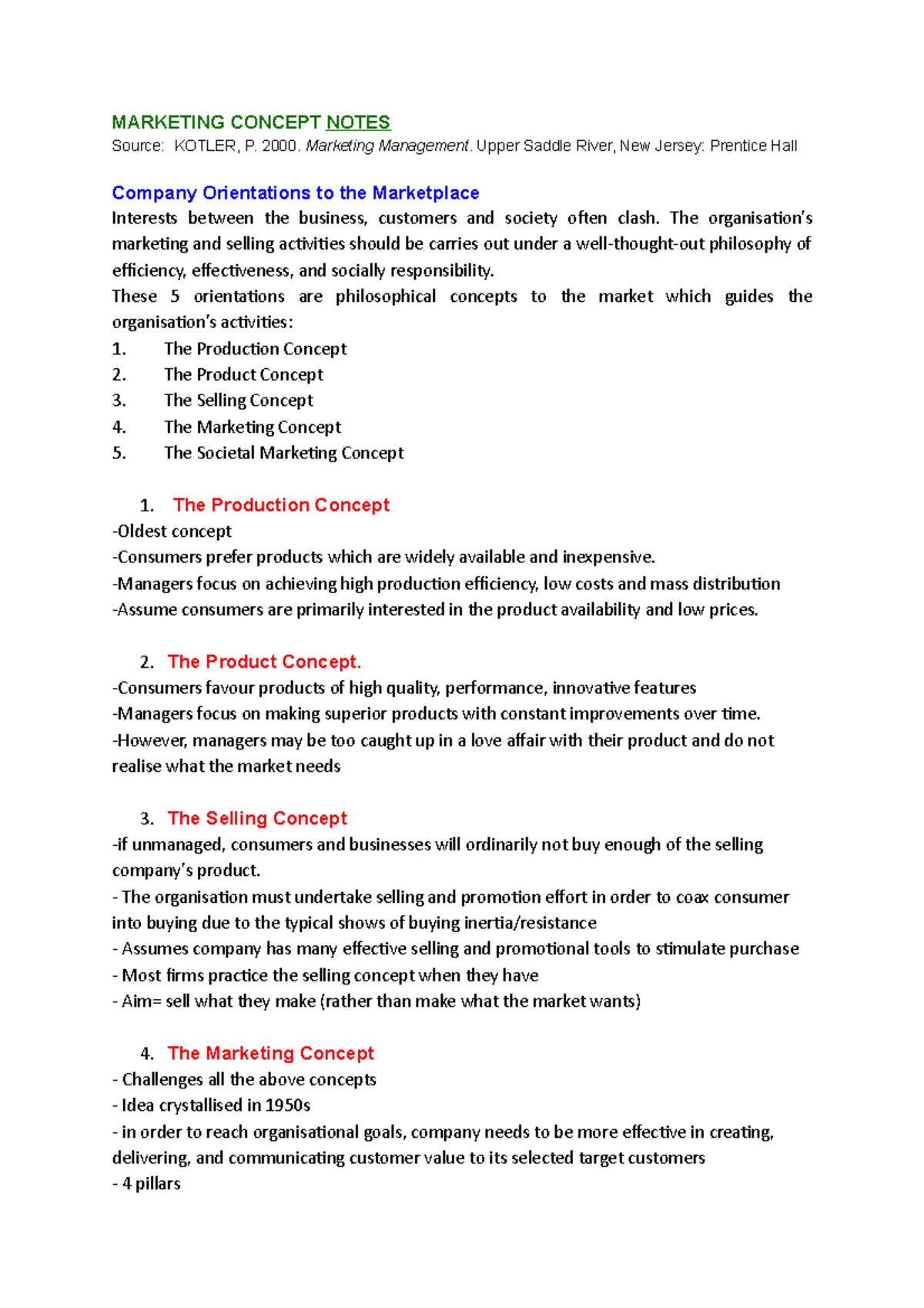 Marketing Concept Notes - MARKETING CONCEPT NOTES Source: KOTLER, P ...