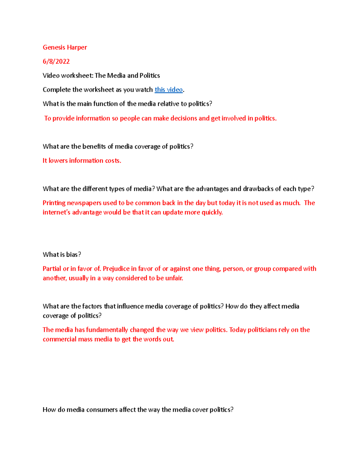 Video worksheet-Media and Politics - Genesis Harper 6/8/ Video ...