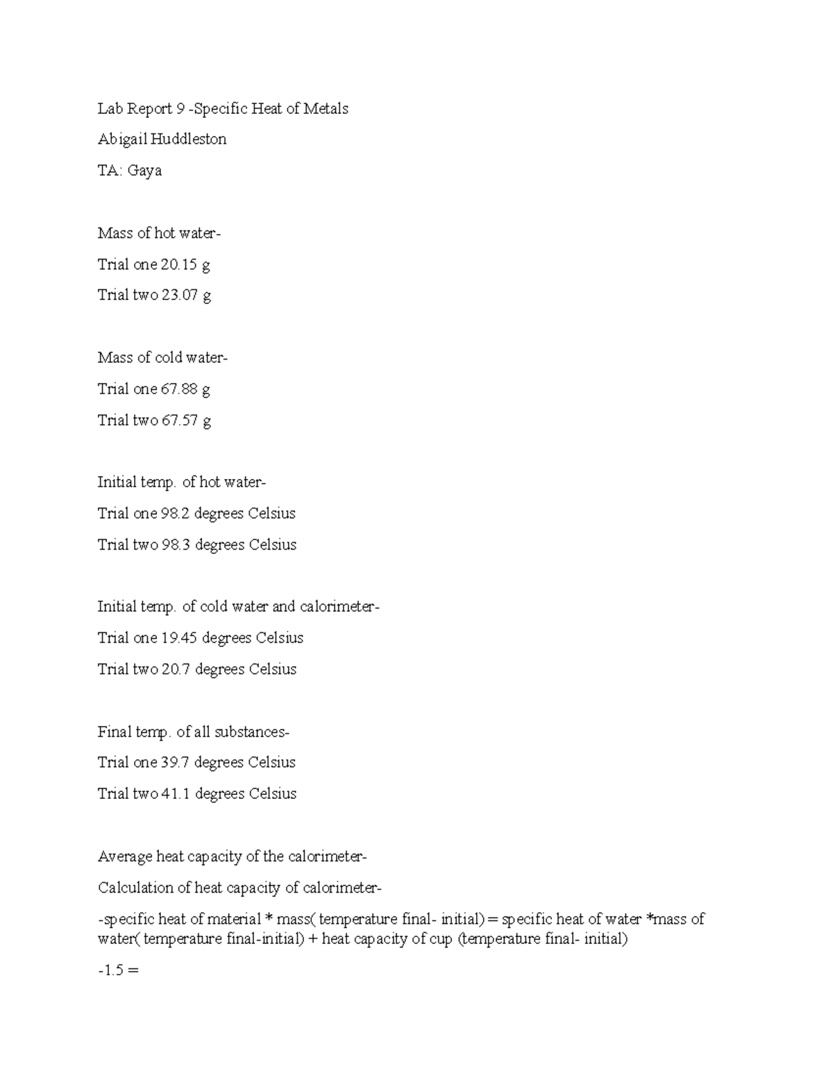 Lab report 9 - Lab Report 9 -Specific Heat of Metals Abigail Huddleston ...