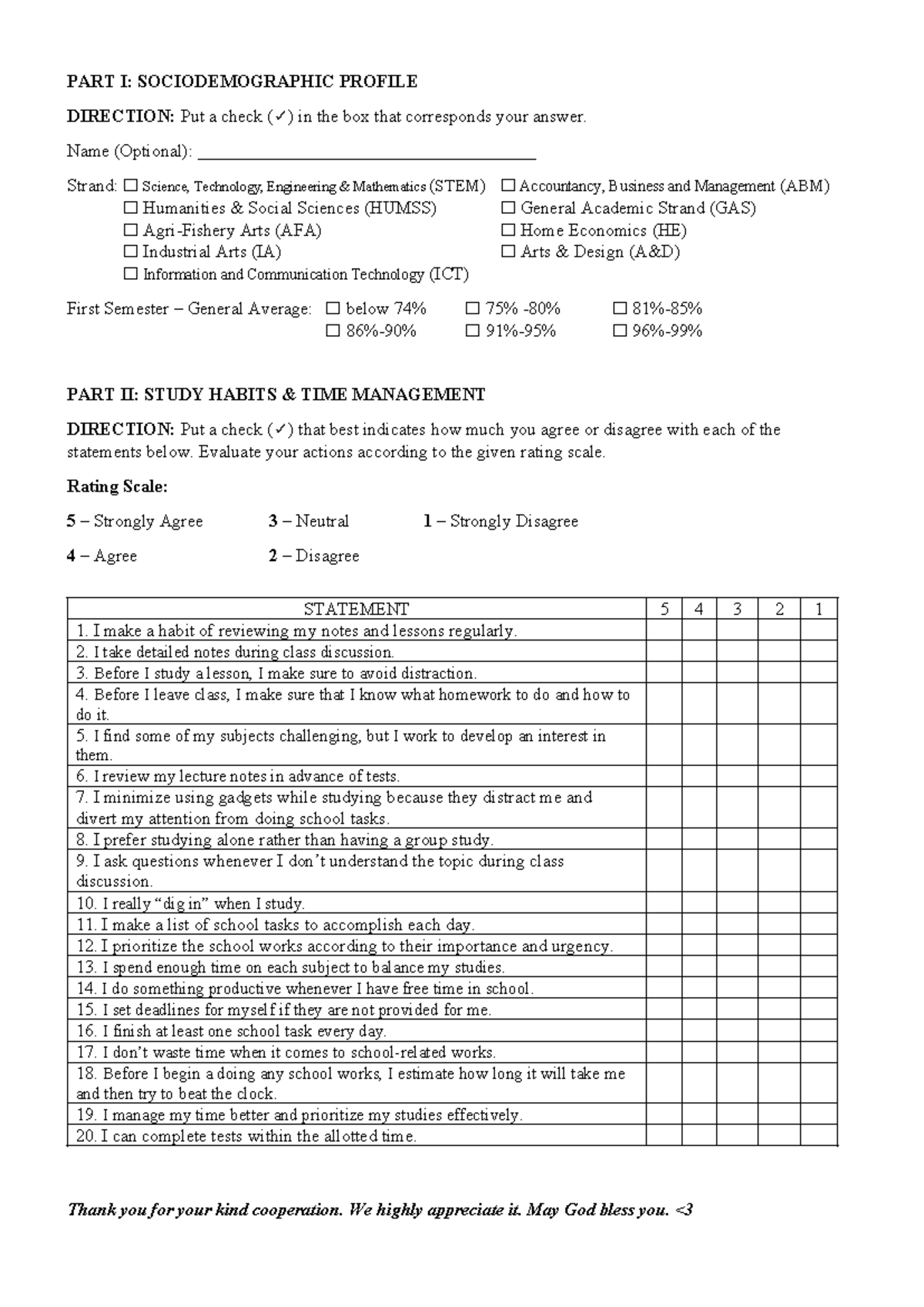 Survey-Questionnaires - PART I: SOCIODEMOGRAPHIC PROFILE DIRECTION: Put ...
