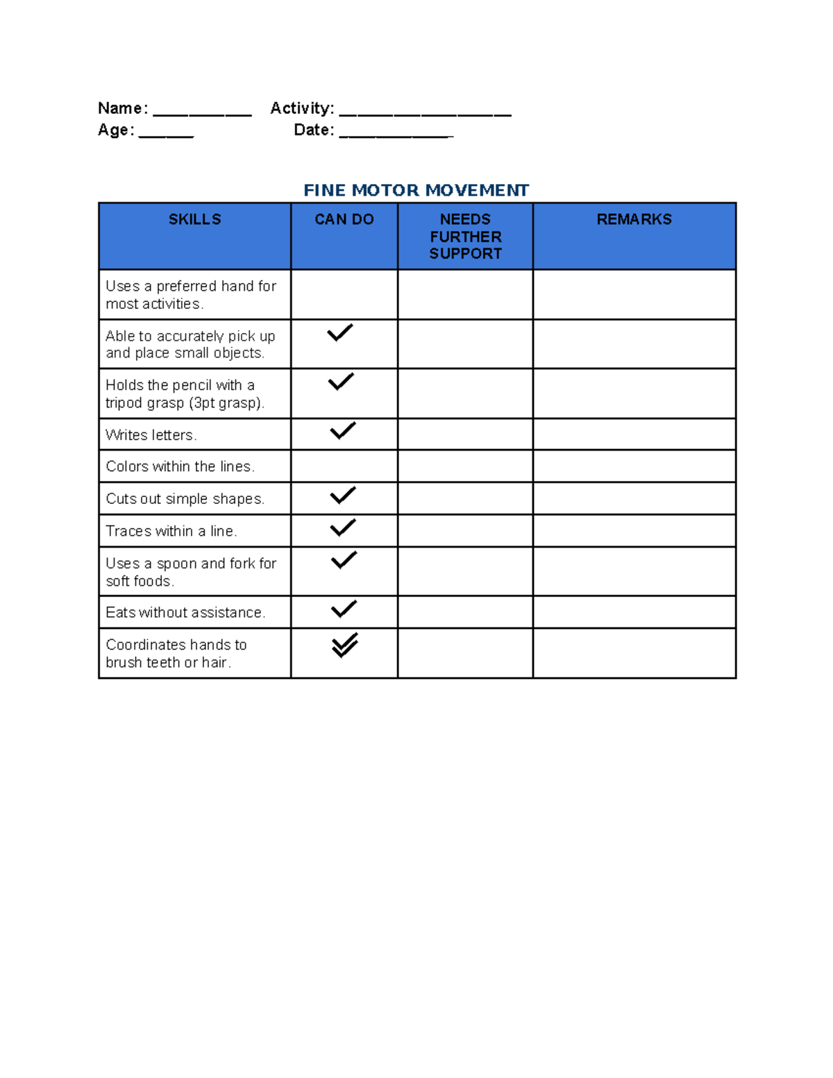 Sample Checklist - Name: ___________ Activity: ___________________ Age ...