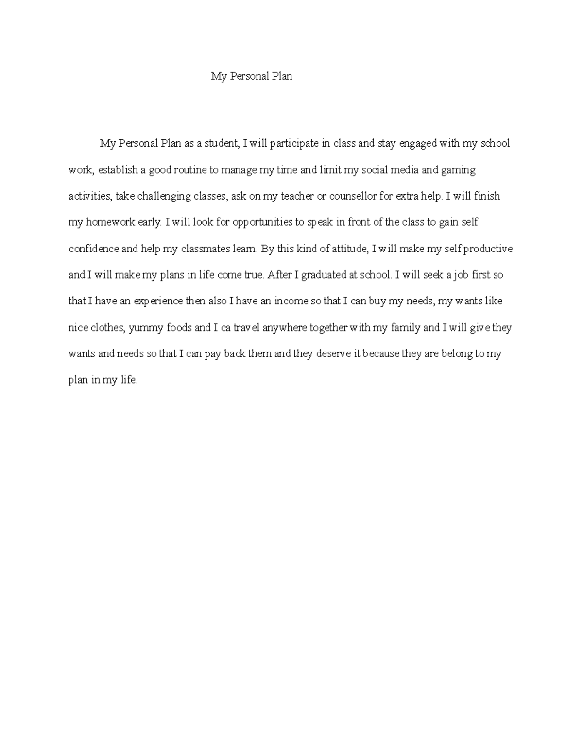 Chariz - ghdhh - My Personal Plan My Personal Plan as a student, I will ...