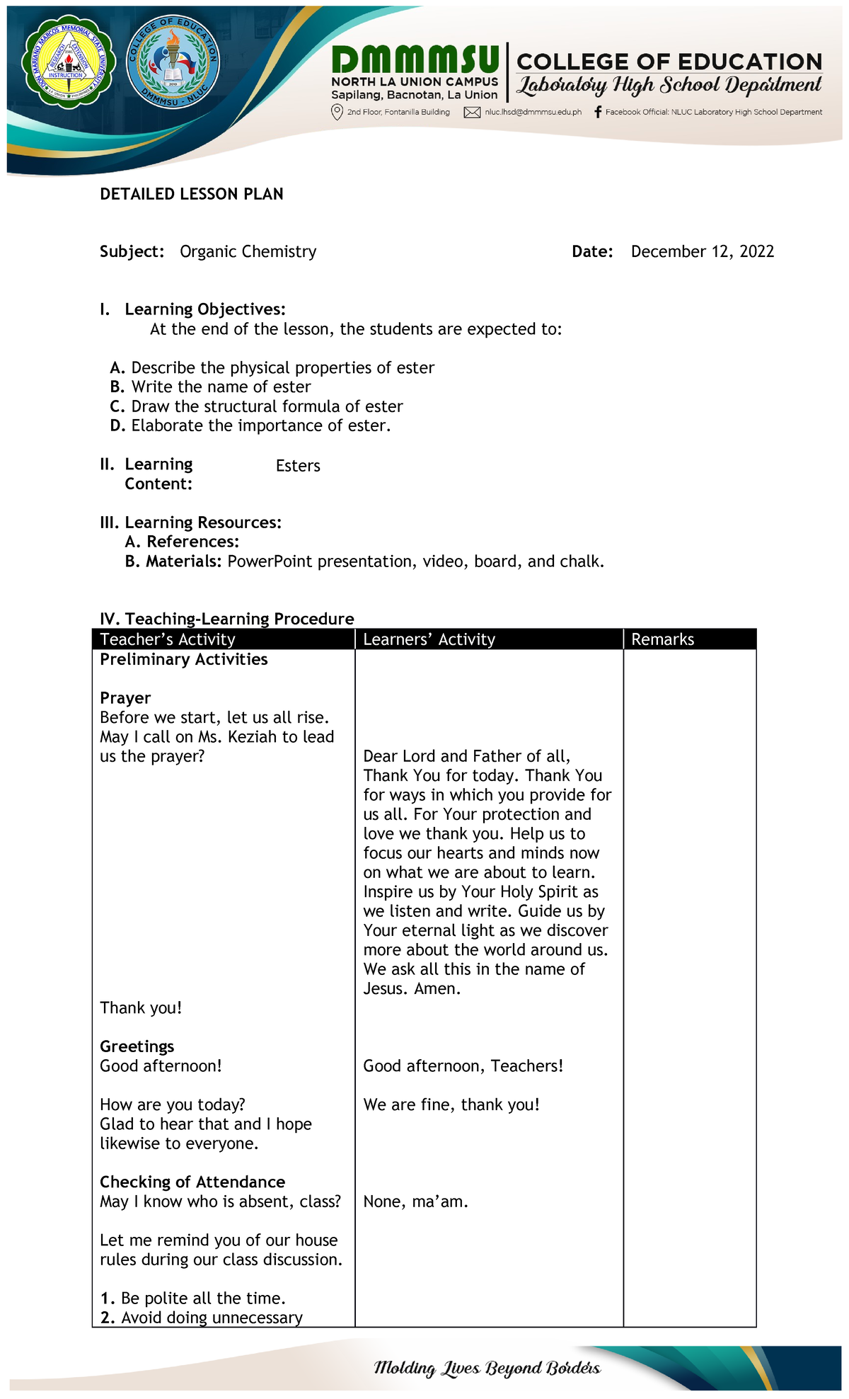 Demo word long - This is a detailed lesson plan about esters ...