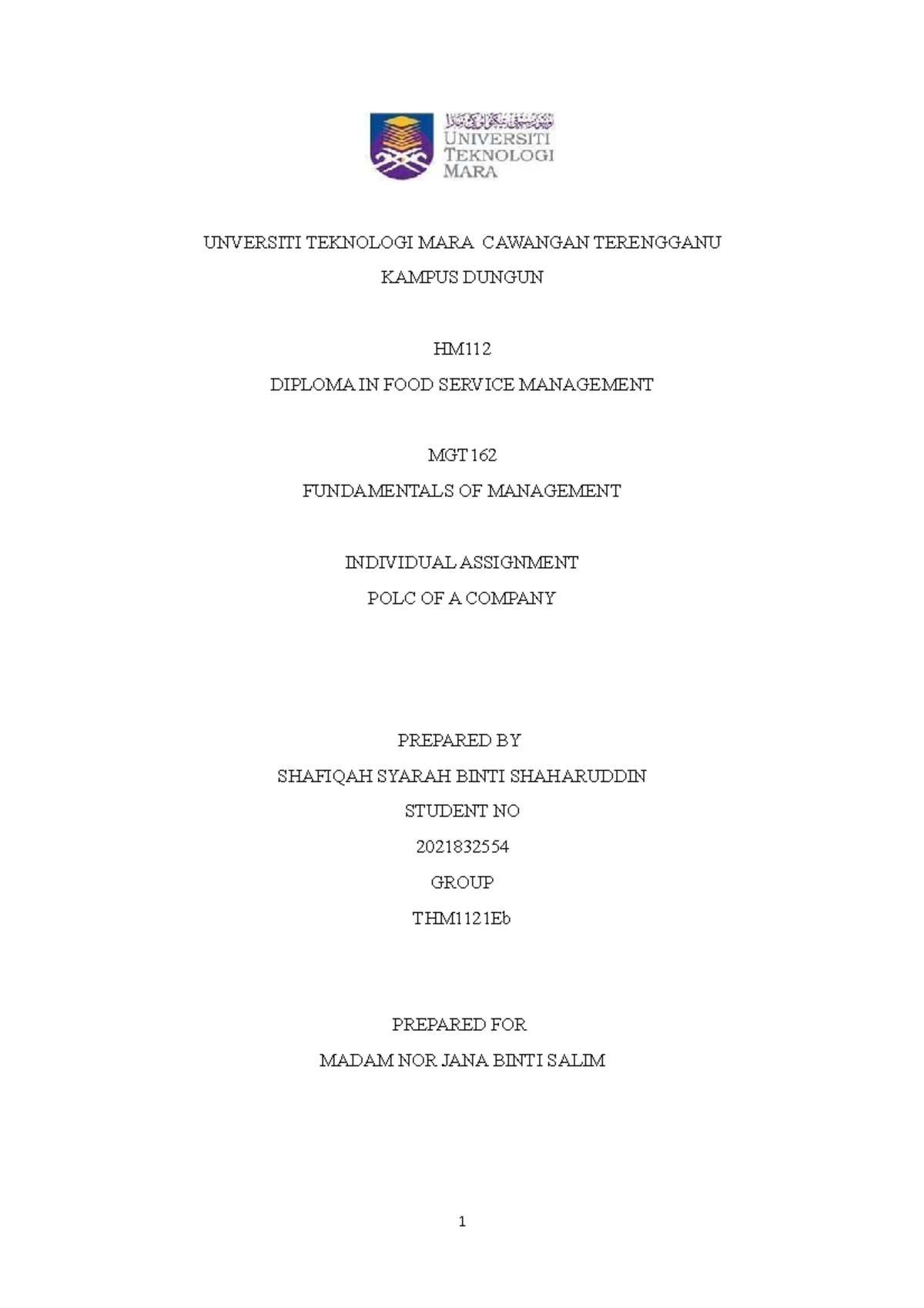 MGT 162 Individual Project - UNVERSITI TEKNOLOGI MARA CAWANGAN ...
