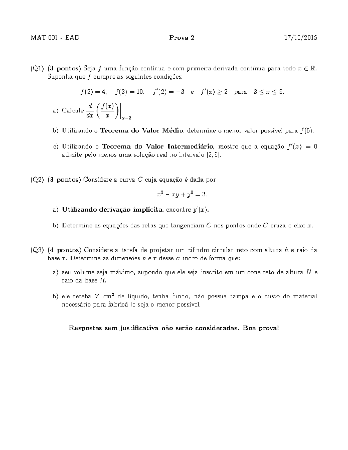 Gabarito P 2EAD - MAT 001 - EAD Prova 2 17/10/ (Q1) (3pontos)Sejafuma ...