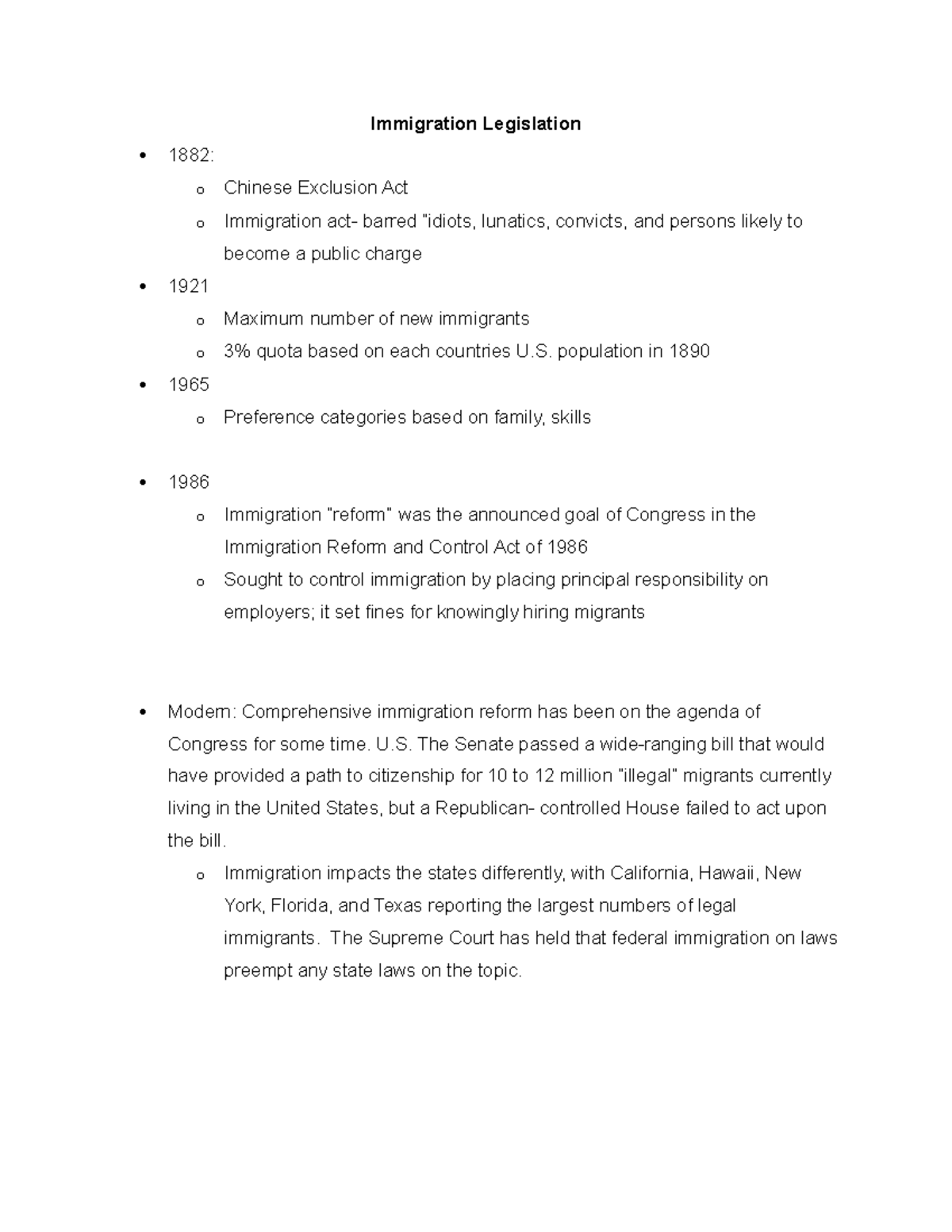 Immigration Legislation - population in 1890 1965 o Preference ...