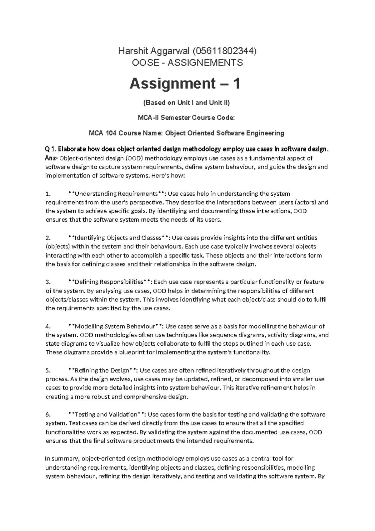OOSE harshit - Harshit Aggarwal (05611802344) OOSE - ASSIGNEMENTS Assignment – 1 (Based on Unit ...