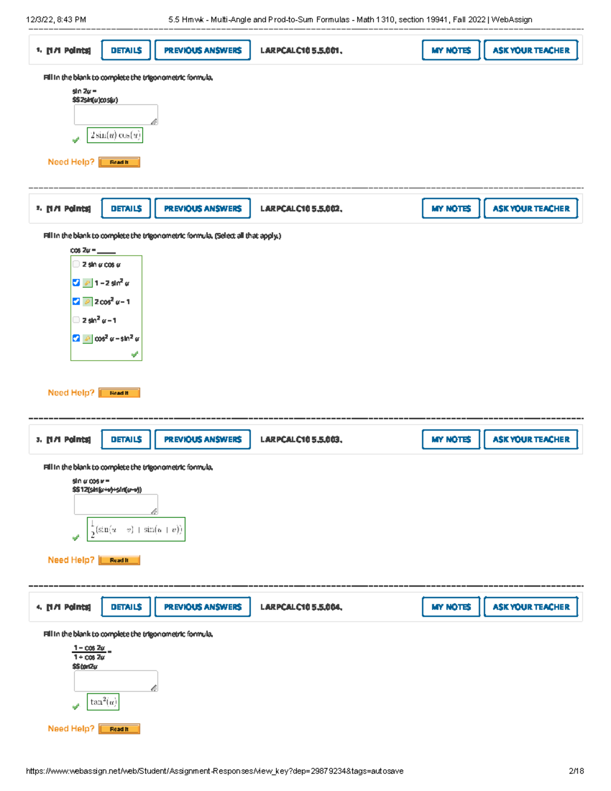 Math 1310 - 5.5 Multi-Angle and Prod-to-Sum Formulas - Fill in the ...