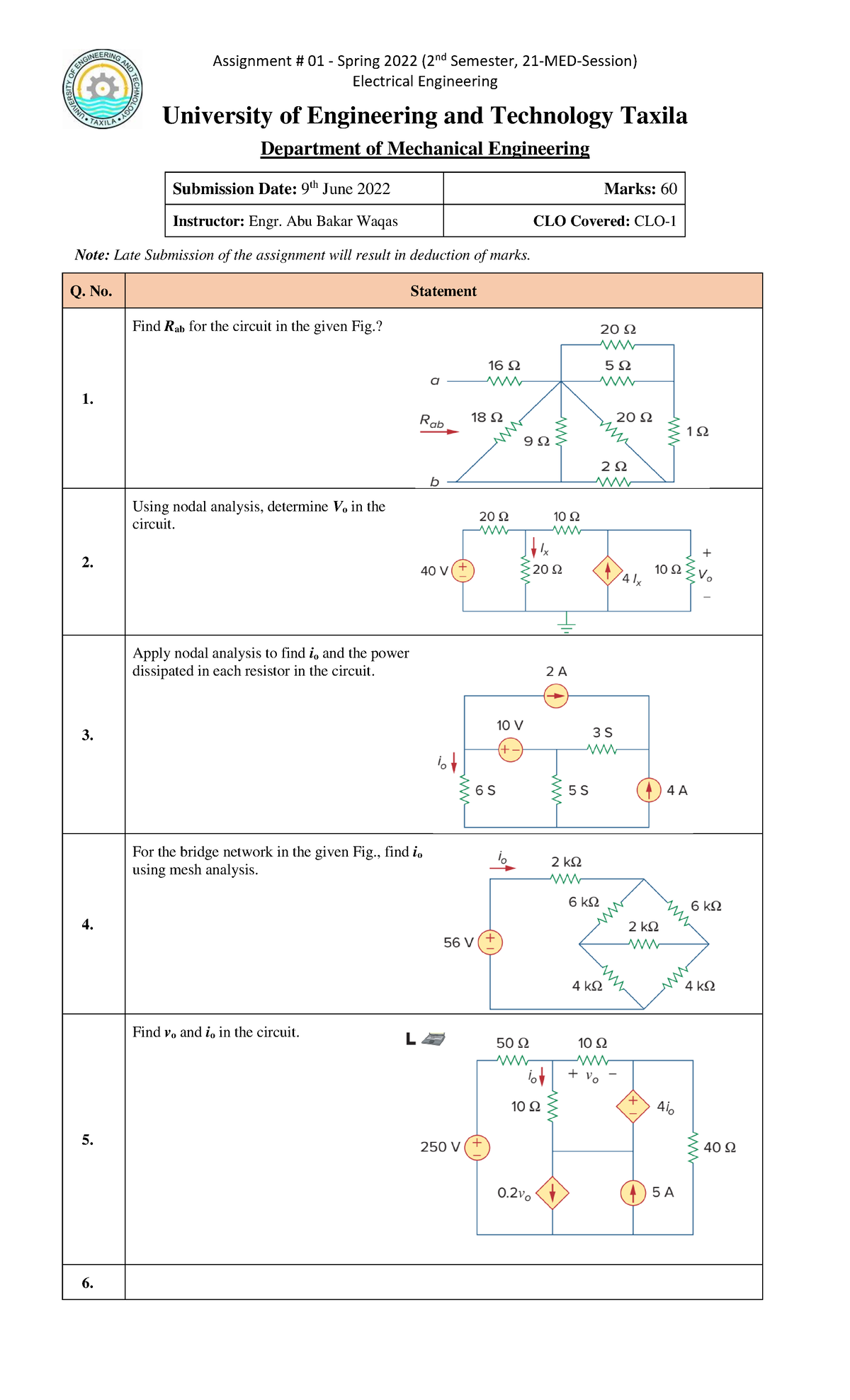 Assignment#01 - ee assignment no 1 - Assignment # 01 - Spring 2022 (2nd Semester, 21-MED-Session ...