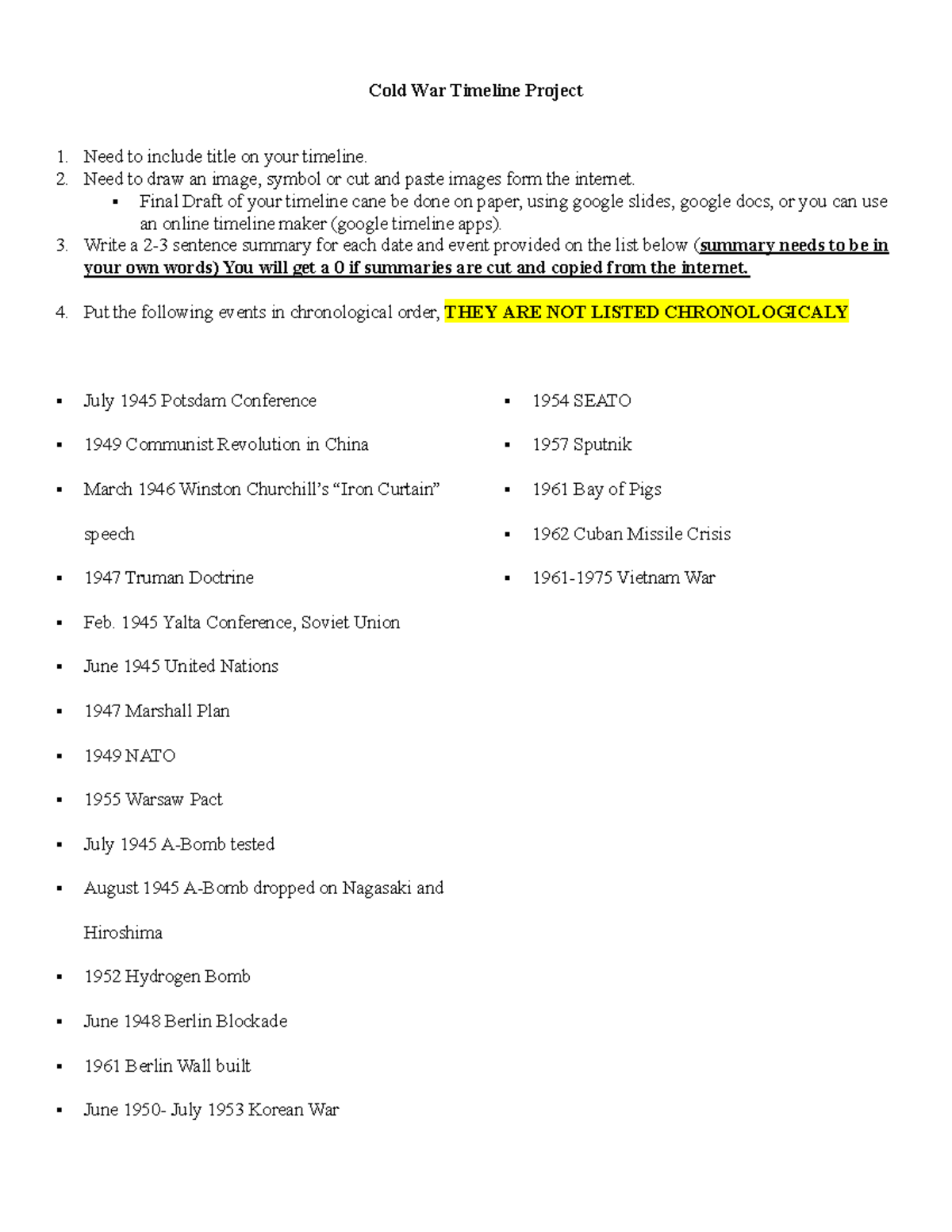 Cold War Timeline Project - Cold War Timeline Project Need to include ...