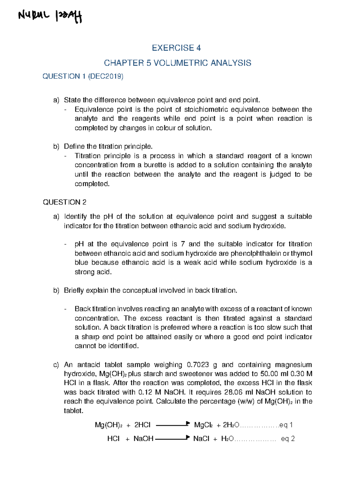 CHM256 Tutorial Chapter 5 Volumetric Analysis - EXERCISE 4 CHAPTER 5 VOLUMETRIC ANALYSIS ...