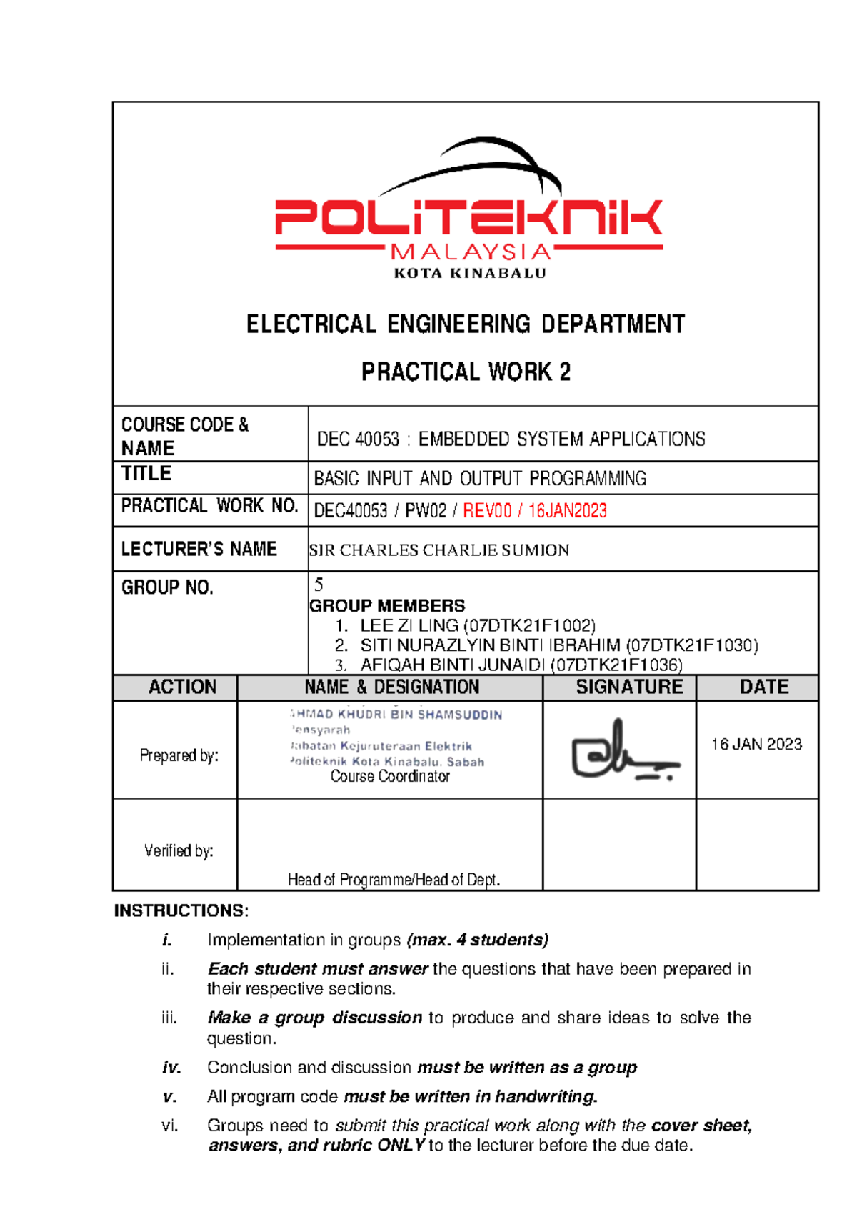 PW2(LEE, Azlyin, Afiqah) - ELECTRICAL ENGINEERING DEPARTMENT PRACTICAL ...