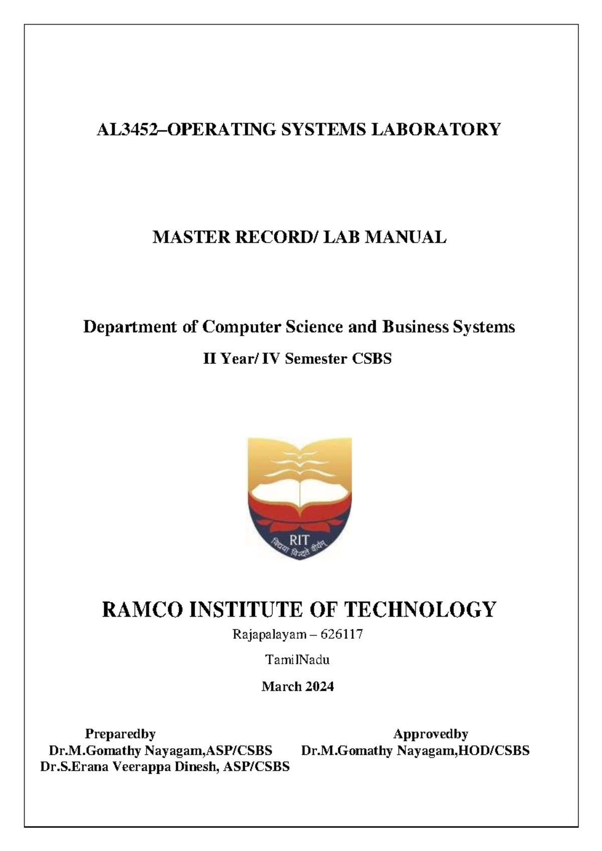 Os labaratory notes - AL 3452 – OPERATING SYSTEMS LABORATORY MASTER ...