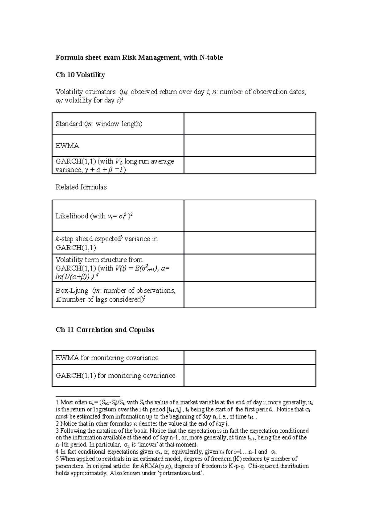Formula sheet Risk management - Universiteit Twente - Studeersnel