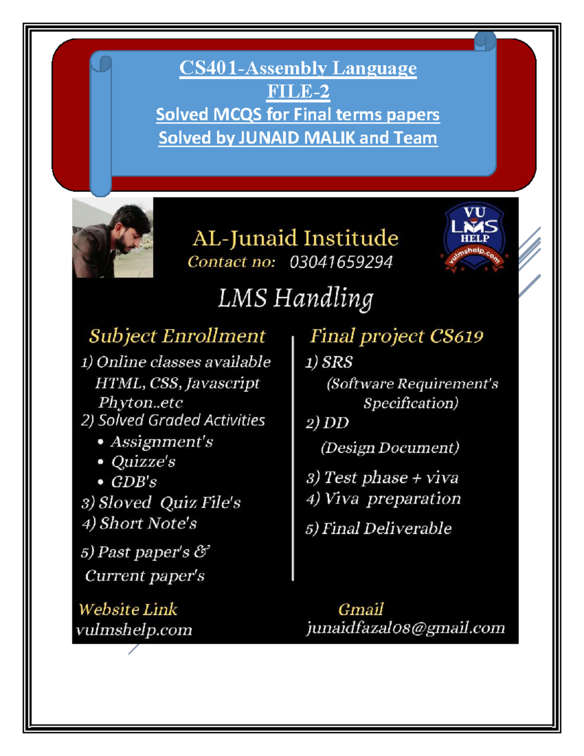 CS401 Solved MCQs Final Term By Junaid File 2 - CS401-Assembly Language FILE- Solved MCQS for ...
