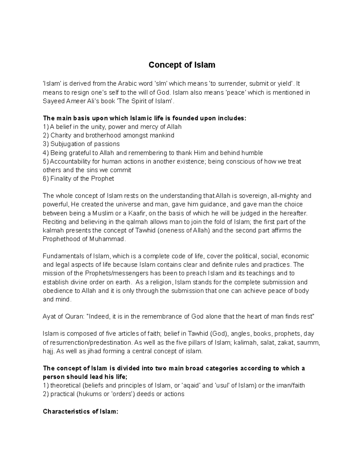 Concept of Islam - Concept of Islam ‘Islam’ is derived from the Arabic ...