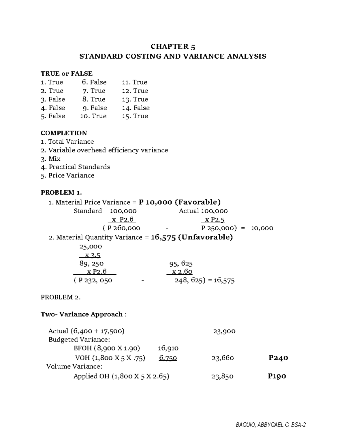 BSA-2 Baguio Abbygael C - Warning: TT: undefined function: 32 CHAPTER 5 STANDARD COSTING AND ...