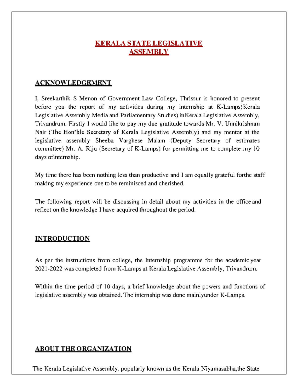 Kerala Legislative Assembly Report - KERALA STATE LEGISLATIVE ASSEMBLY ...