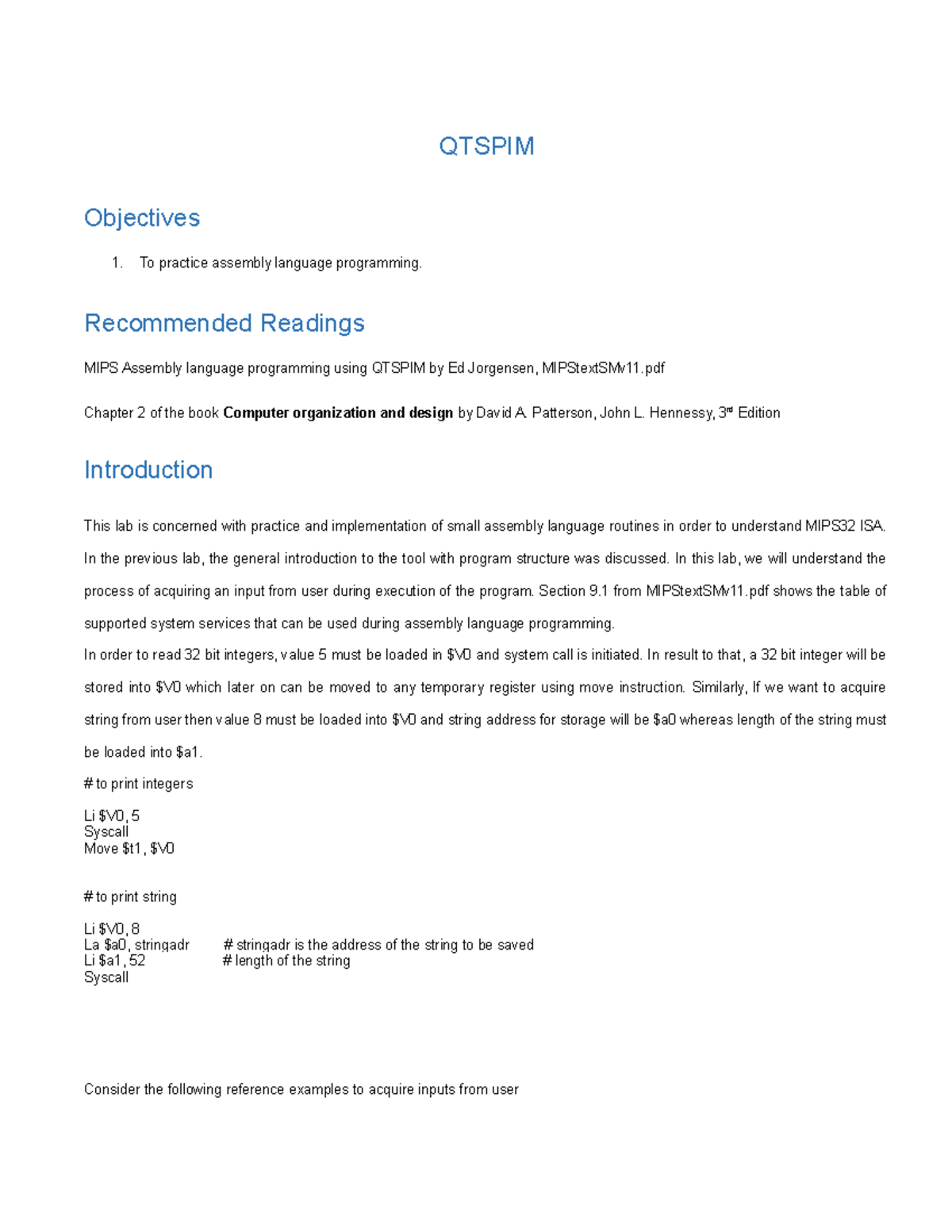 QTSpim Manual - helpful - QTSPIM Objectives 1. To practice assembly language programming. - Studocu