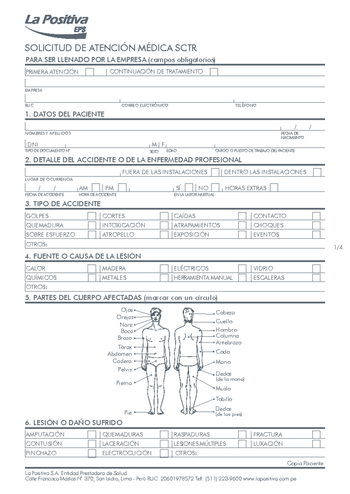 Formato DE Solicitud DE Atención Médica SCTR Salud - 1/ La Positiva S. Entidad Prestadora de ...