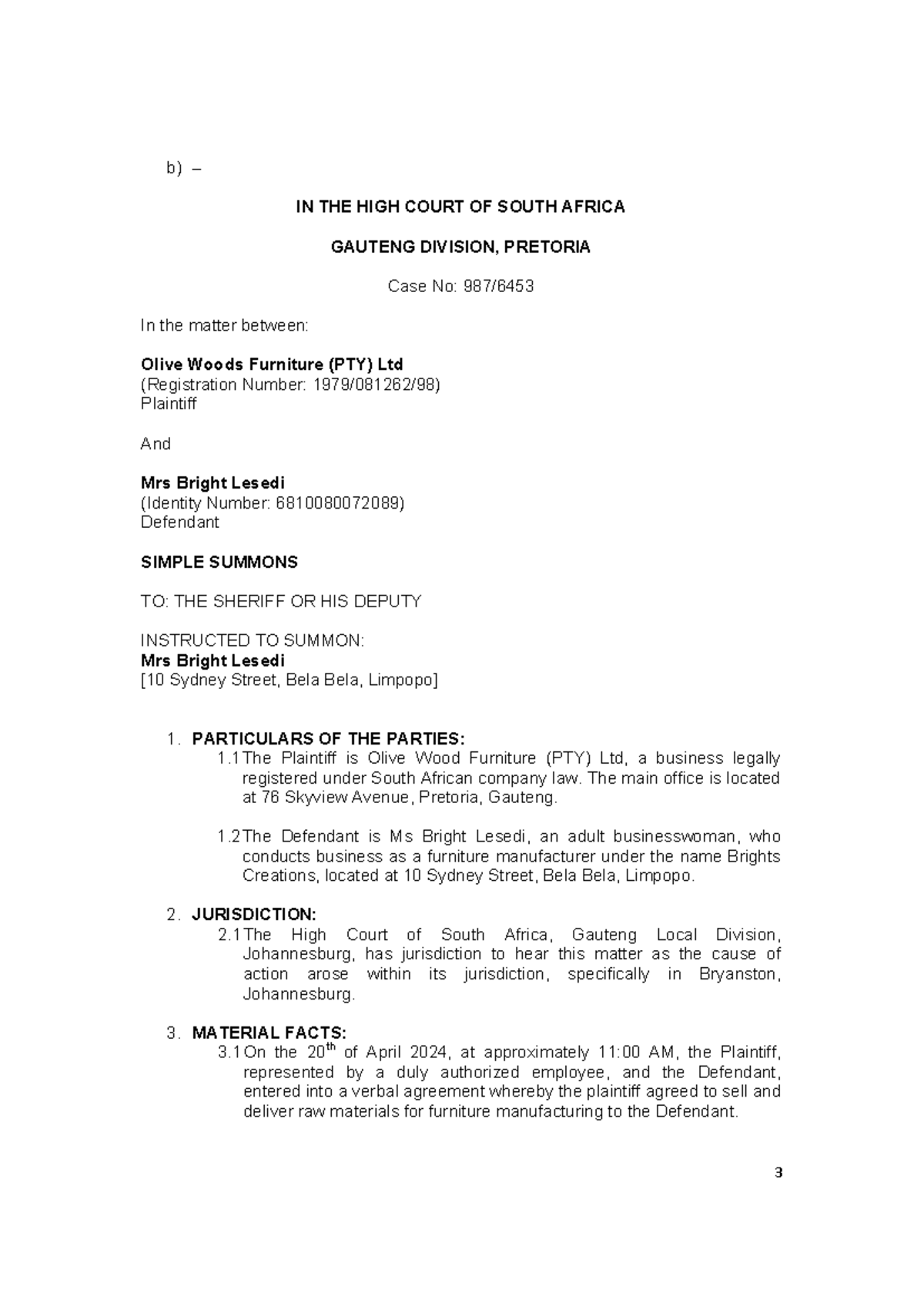 TLI4801 exam 2024 - b) – IN THE HIGH COURT OF SOUTH AFRICA GAUTENG ...