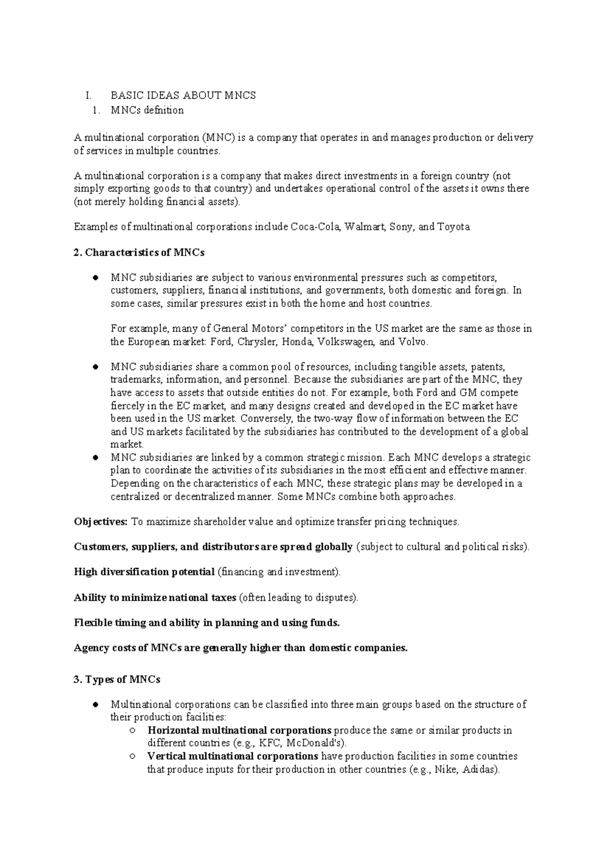 MNC LGBT - exercise - I. BASIC IDEAS ABOUT MNCS MNCs defnition A ...