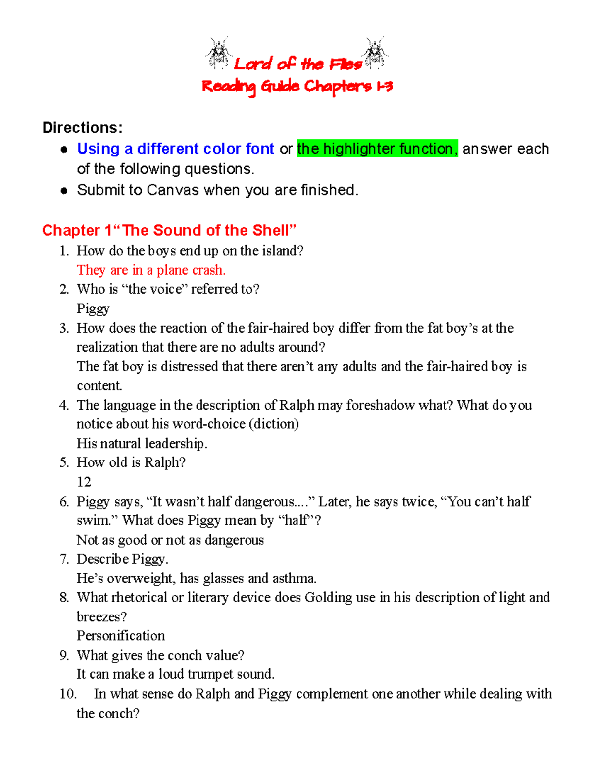 Lord of the Flies Chapters 1-3 Reading Guide - Lord of the Flies ...