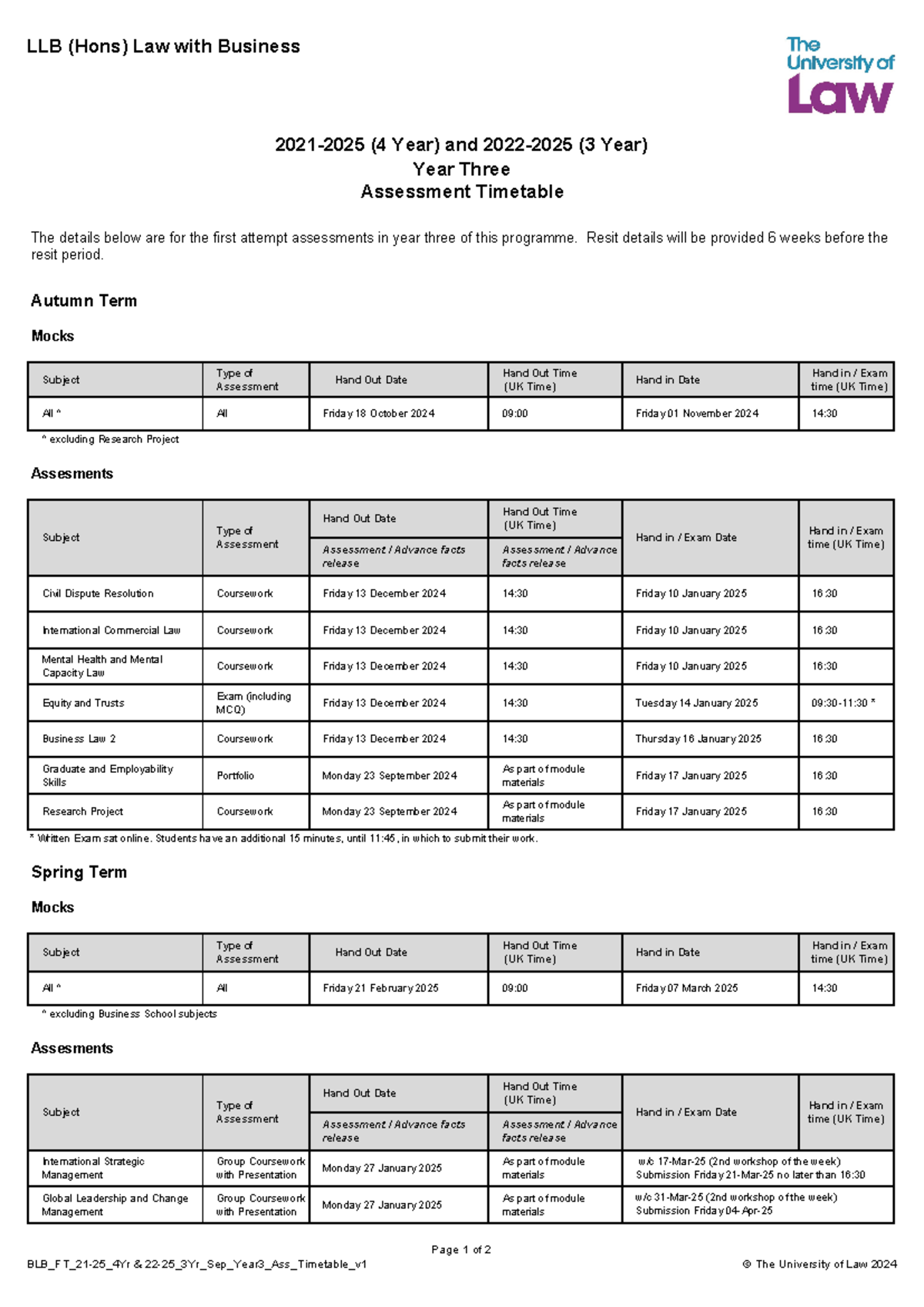 Year 3 assessment timetable - LLB (Hons) Law with Business Autumn Term ...