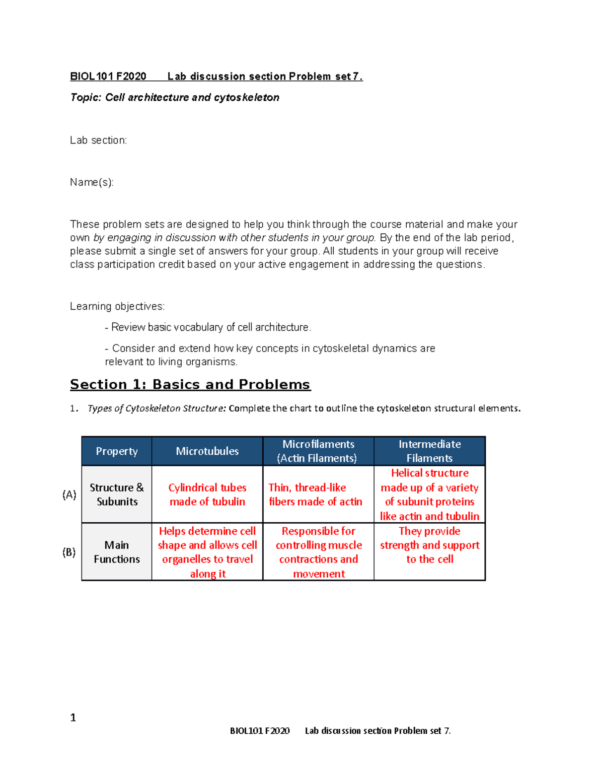 7 BIOL101 F2020 Recitation problem set 7 - BIOL101 F2020 Lab discussion section Problem set 7 ...