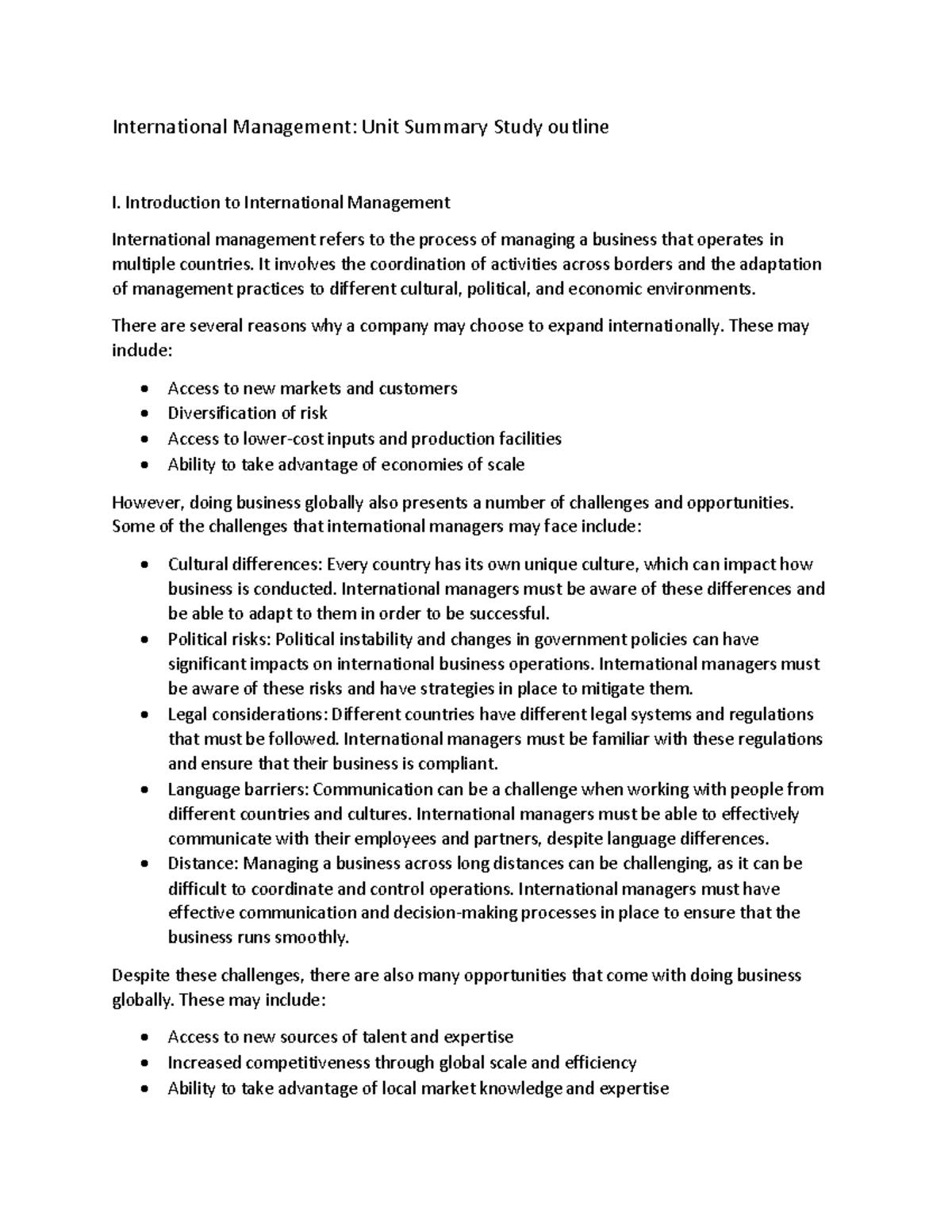 International Management study outline - International Management: Unit ...