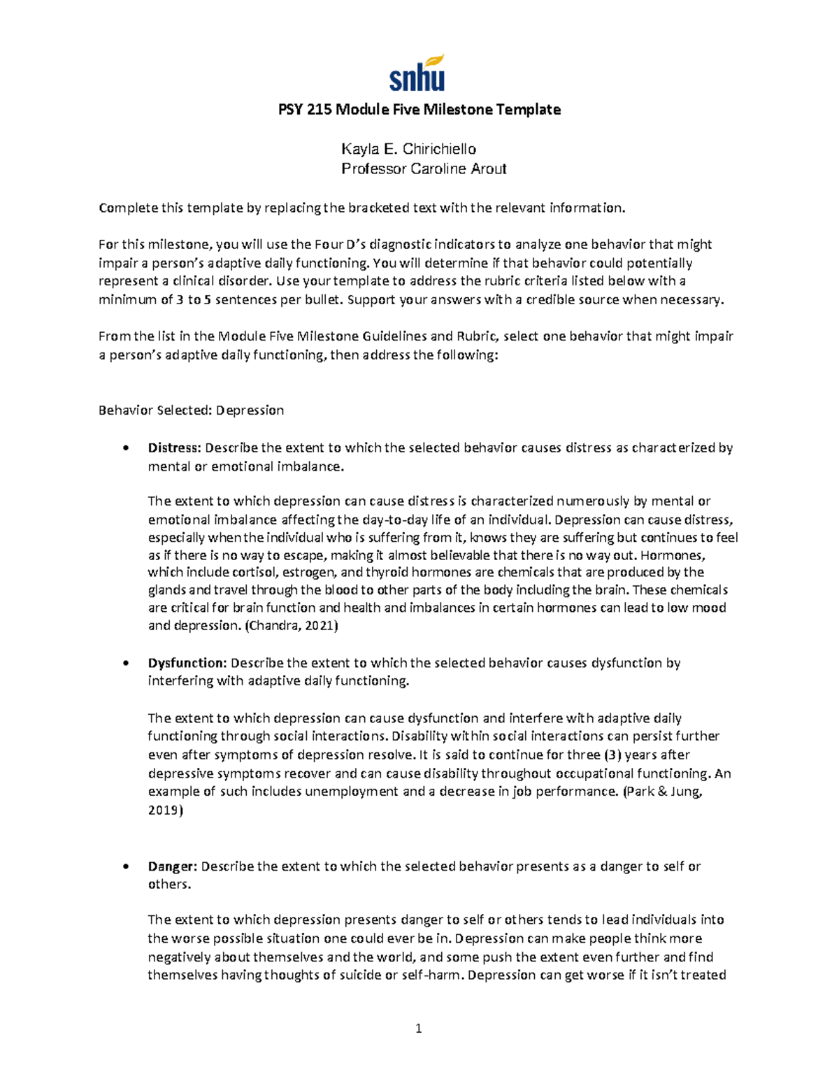 PSY 215 Module Five Milestone Template- K. Chirichiello - 1 PSY 215 ...