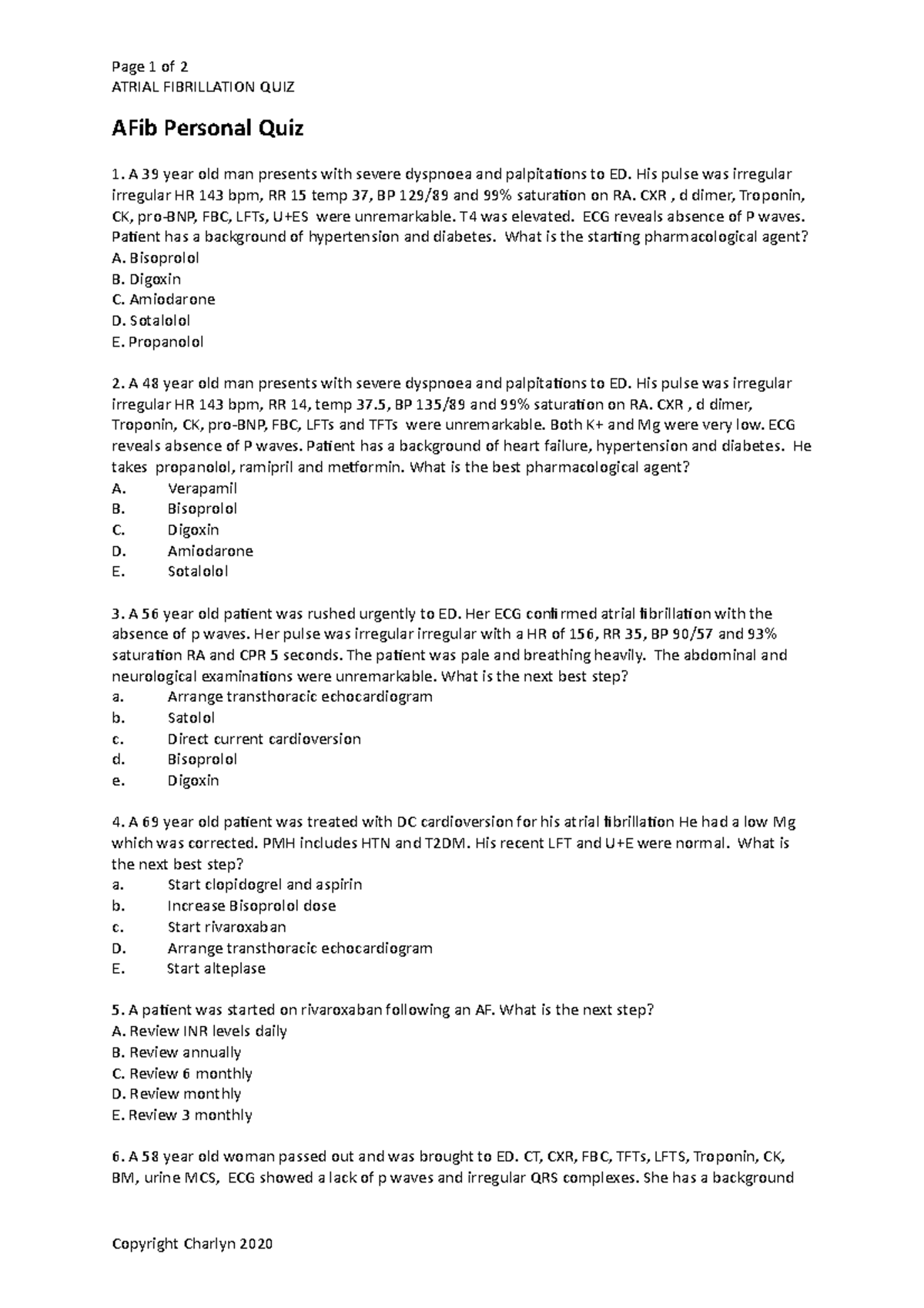 Afib Personal Quiz - Atrial Fibrillation - Page 1 of 2 ATRIAL ...