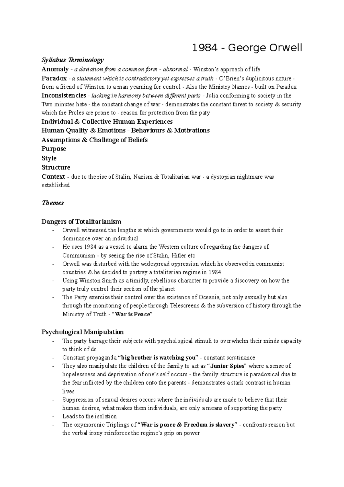 Detailed Note on 1984 - Common Module Texts and Human Experiences ...