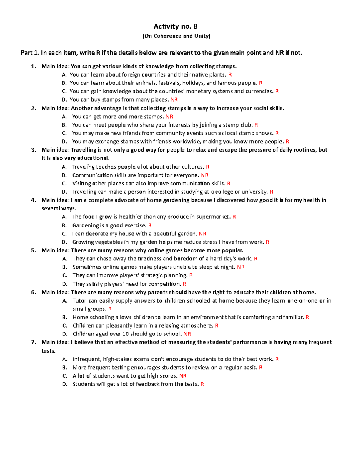 Activity No. 8 Coherence And Unity - Activity No. 8 (on Coherence And