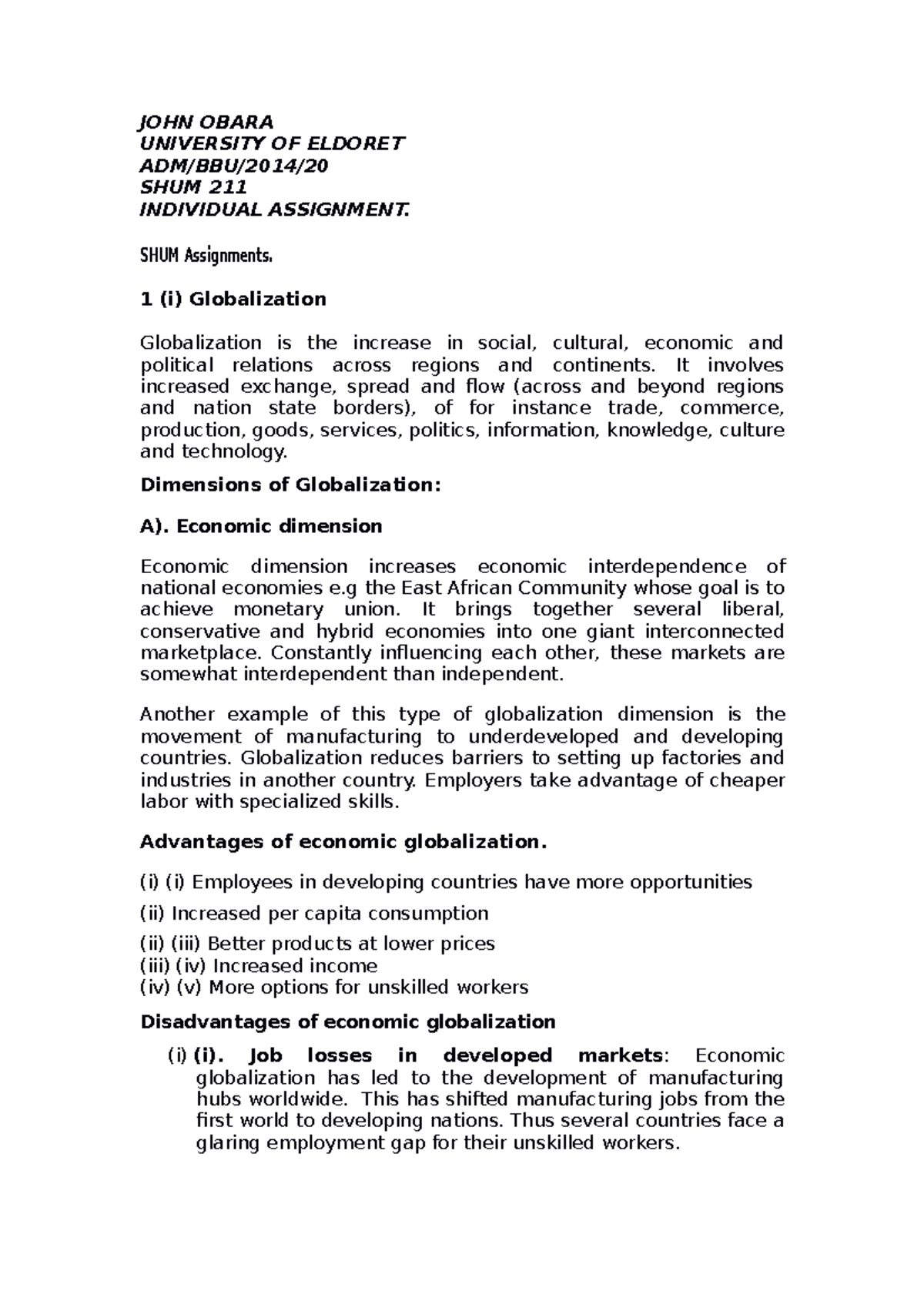 Shium Assignment Work - JOHN OBARA UNIVERSITY OF ELDORET ADM/BBU/2014 ...