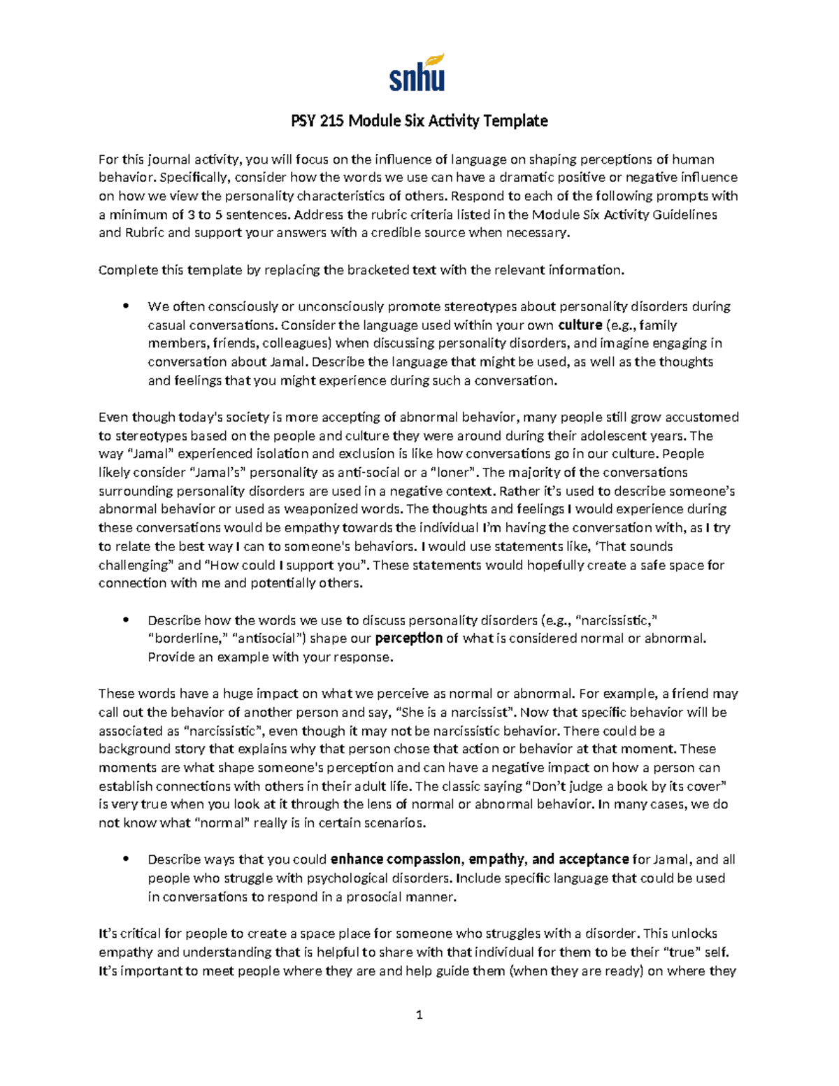 PSY 215 Module Six Activity Template - PSY 215 Module Six Activity ...